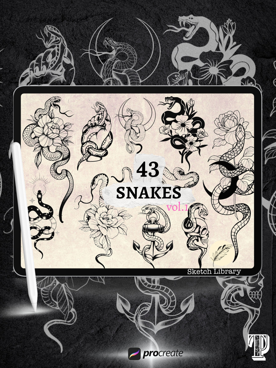 43 snakes brushes for procreate, tattoo design, tattoo stamps, for ipa ...